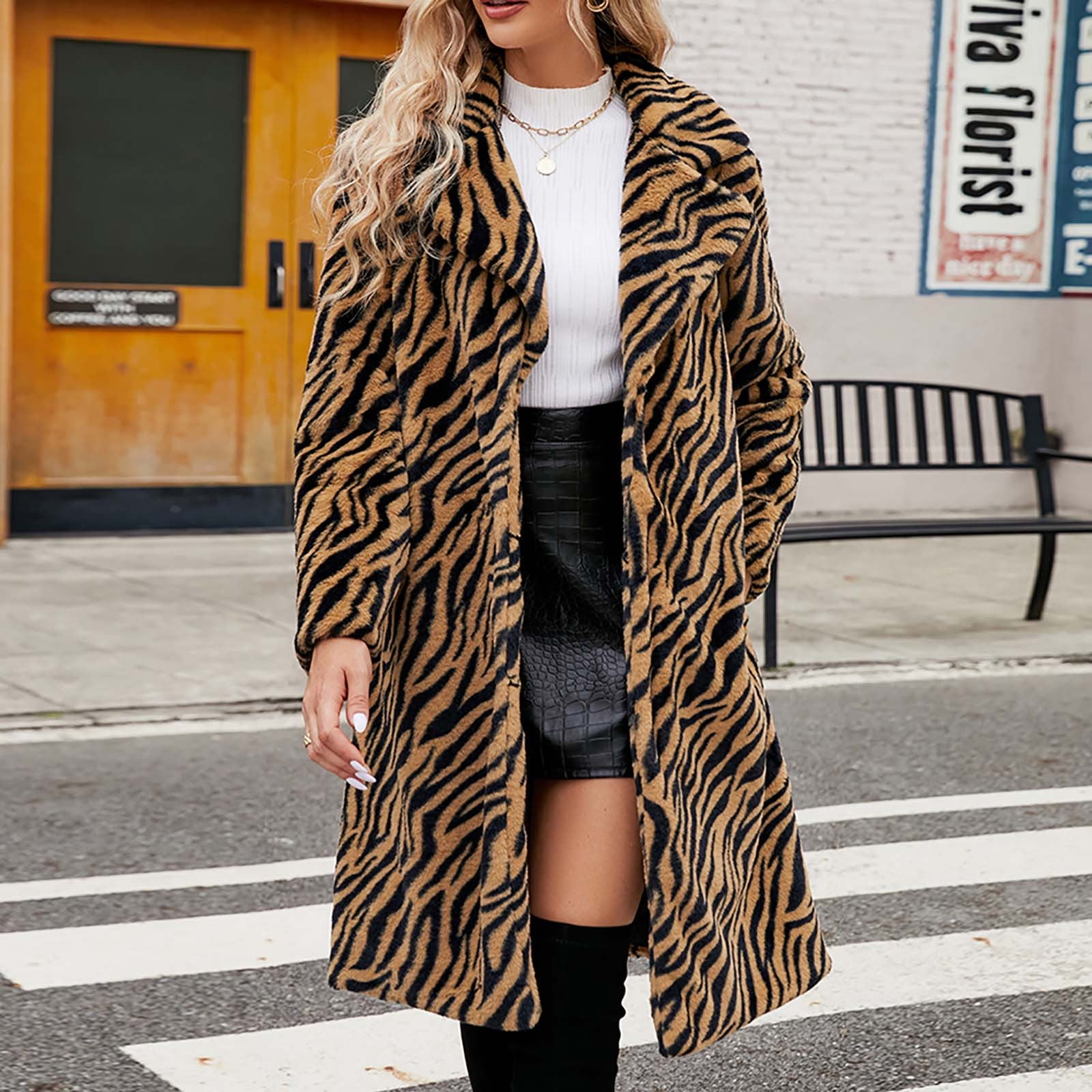 Sevevn Womens Winter Coats Leopard Print Fleece Cardigan Faux Fur Long ...