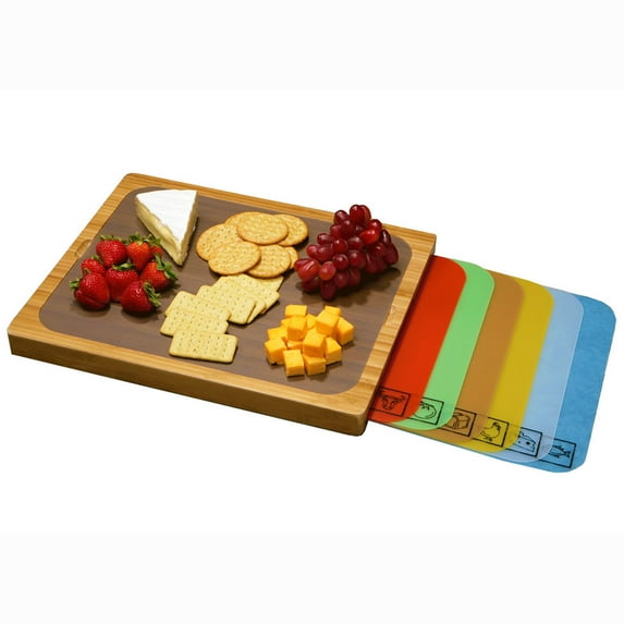 Seville Classics Bamboo Premium Wood Cutting Board Serving Tray w/ 7 ...