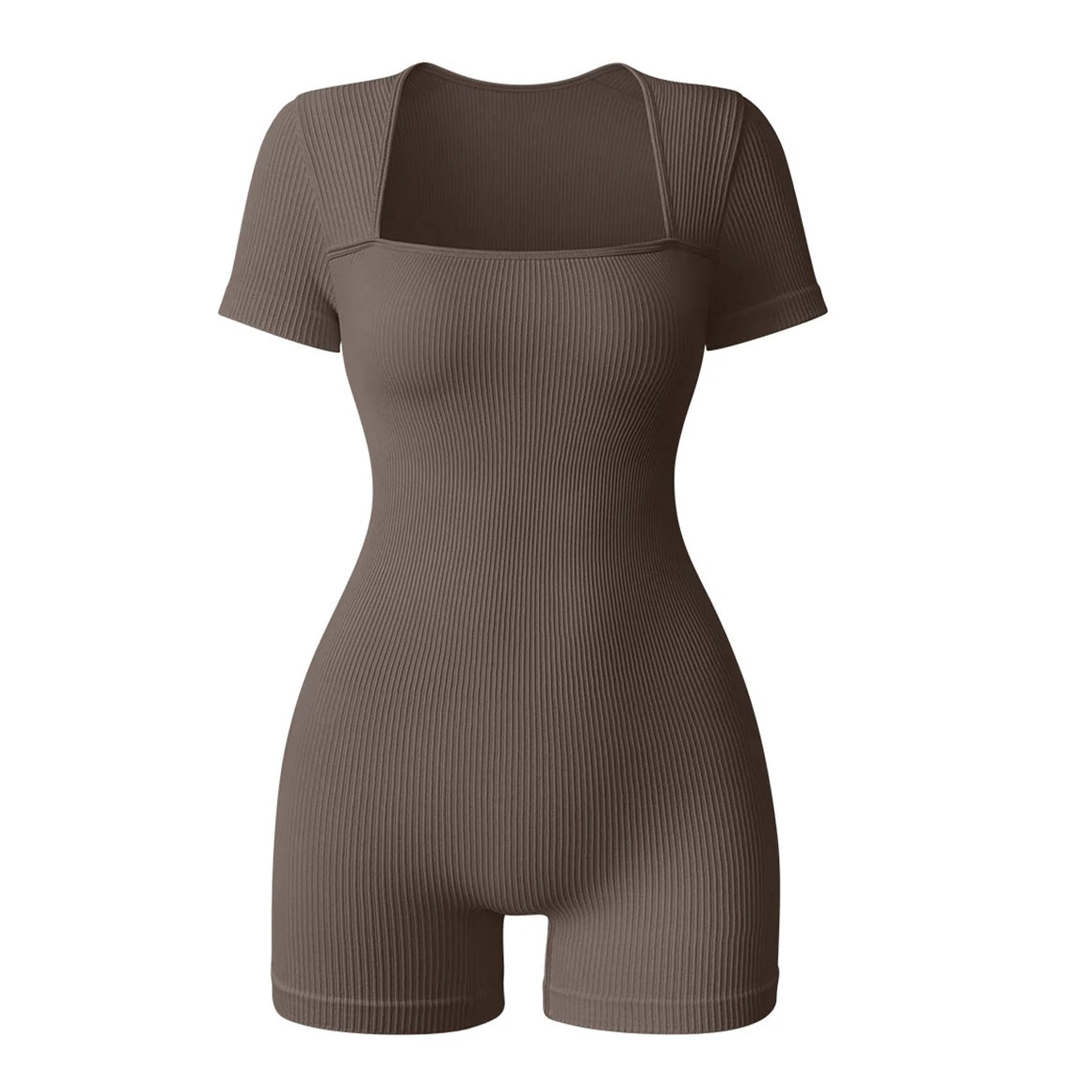 Sevpuikl Women's Ribbed Square Neck Short Sleeves Romper Tummy Control ...