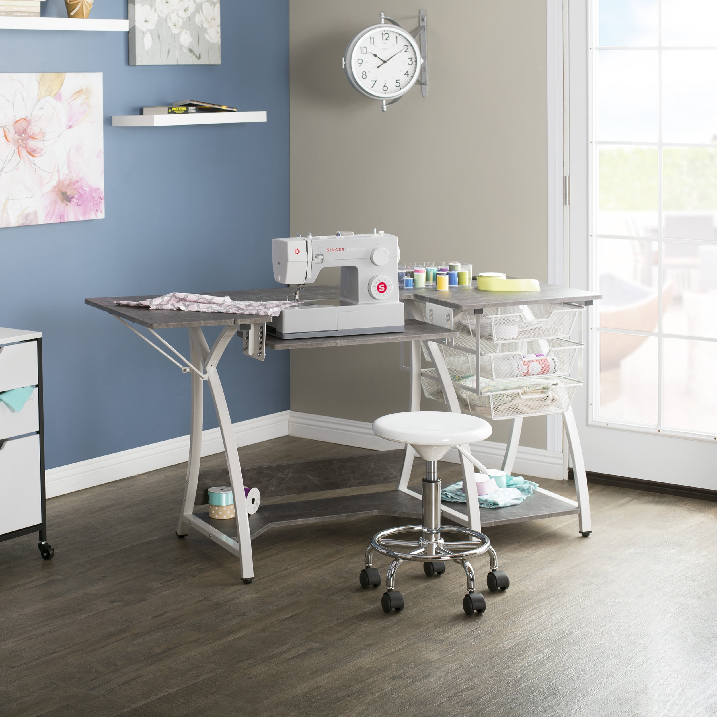 Sew Ready Pro Stitch Folding Desk with Storage, White Metal Frame and ...