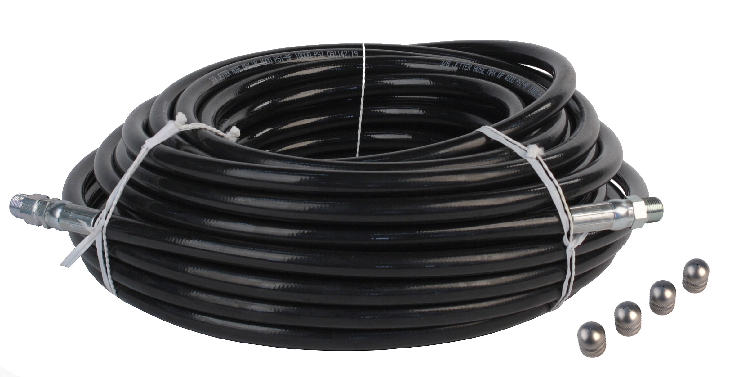 Sewer Jetter Hose & 4 Nozzles 3/8in.x 100ft. 4000 PSI & 9.0 Button Nose ...