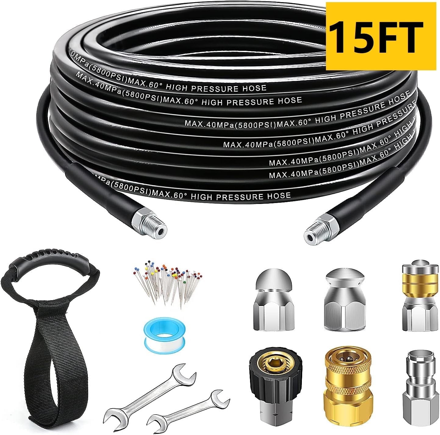 Sewer Jetter Kit 15FT for Pressure Washer, 5800PSI Drain Hose 1/4” NPT ...