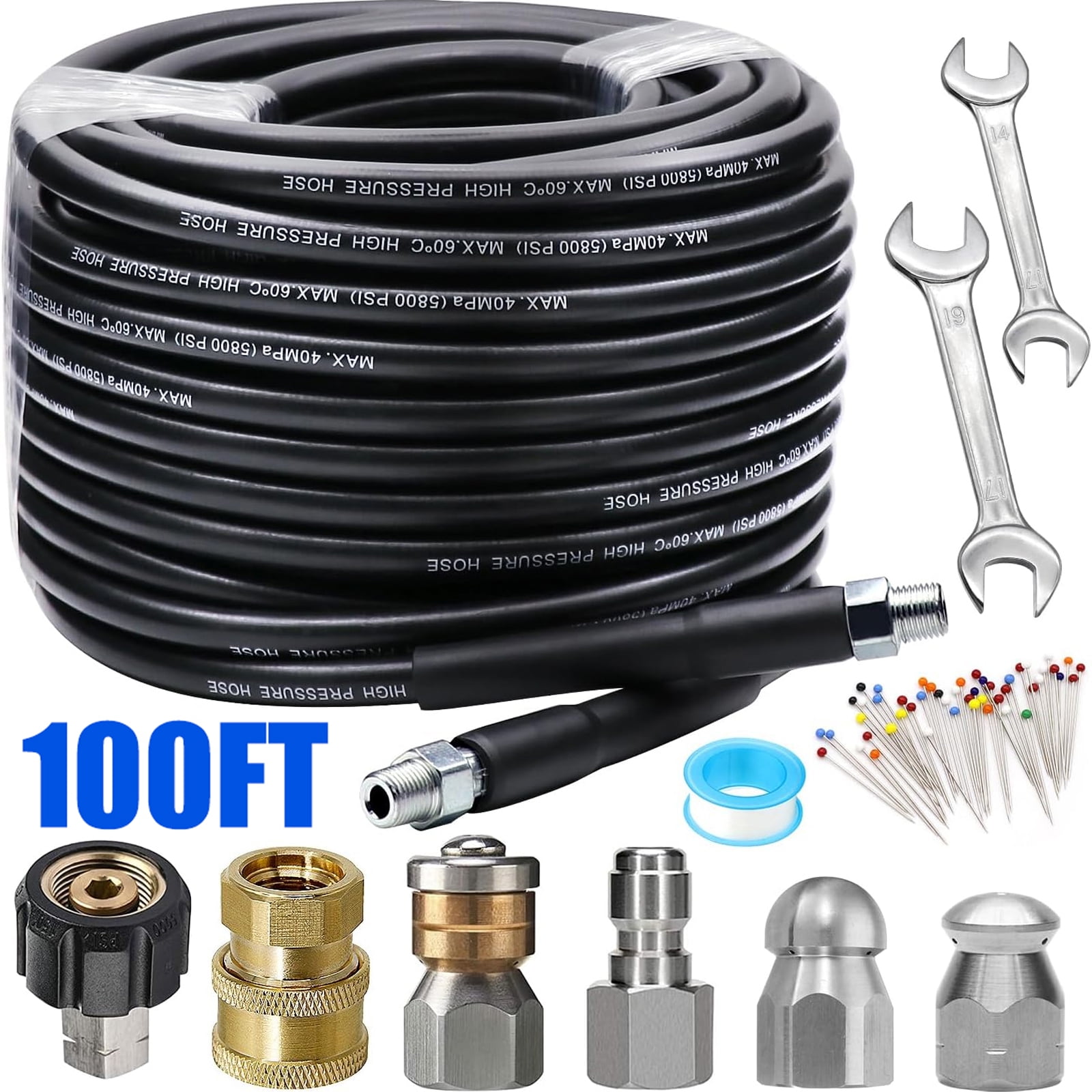 Sewer Jetter Kit for Pressure Washer 100FT, Jet Drain Cleaner Hose, Corner Rotating Button Nose ...