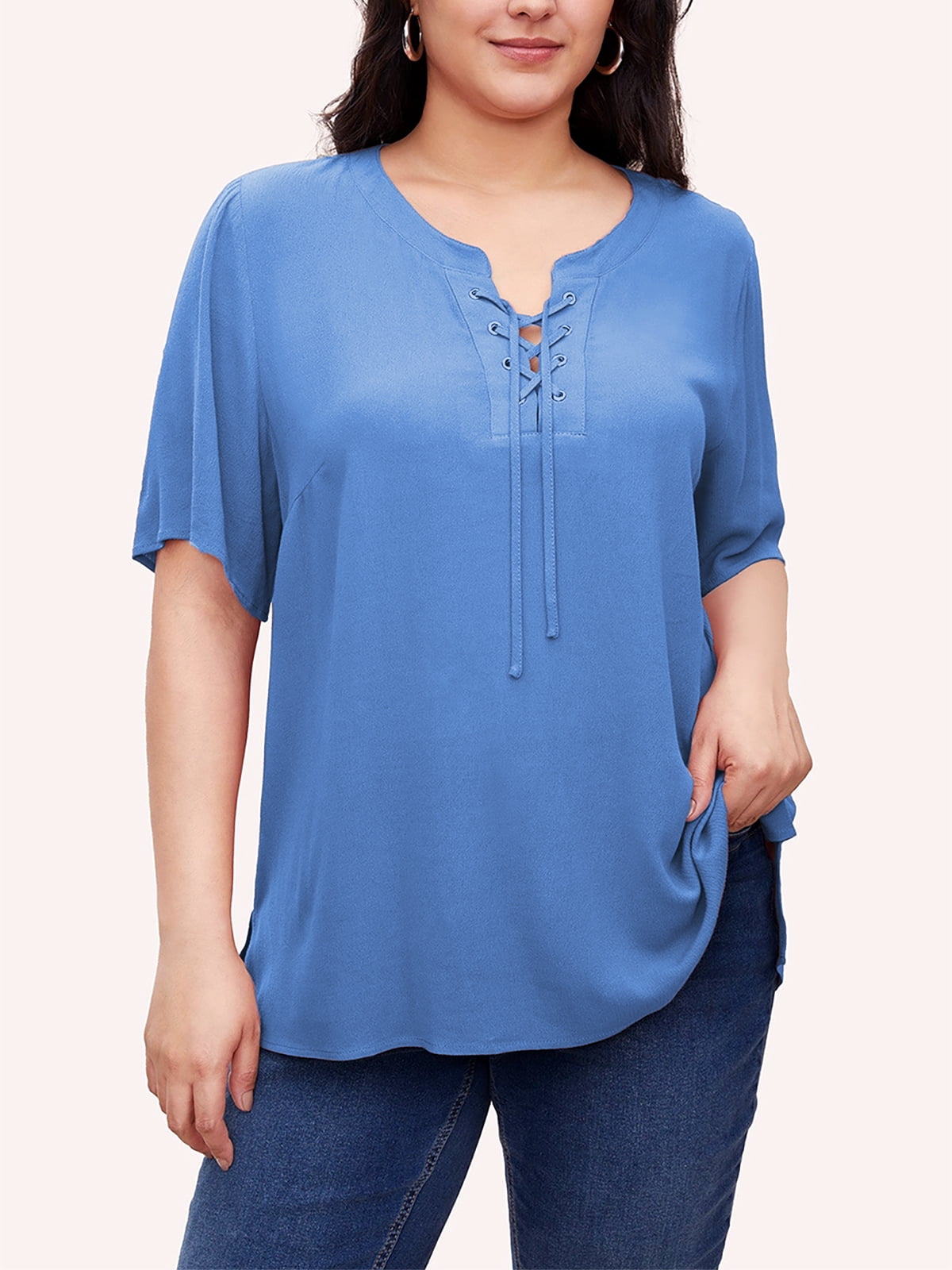 Sewify 2025 Summer Women's Plus Size Tops Short Sleeve Eyelet Cross ...