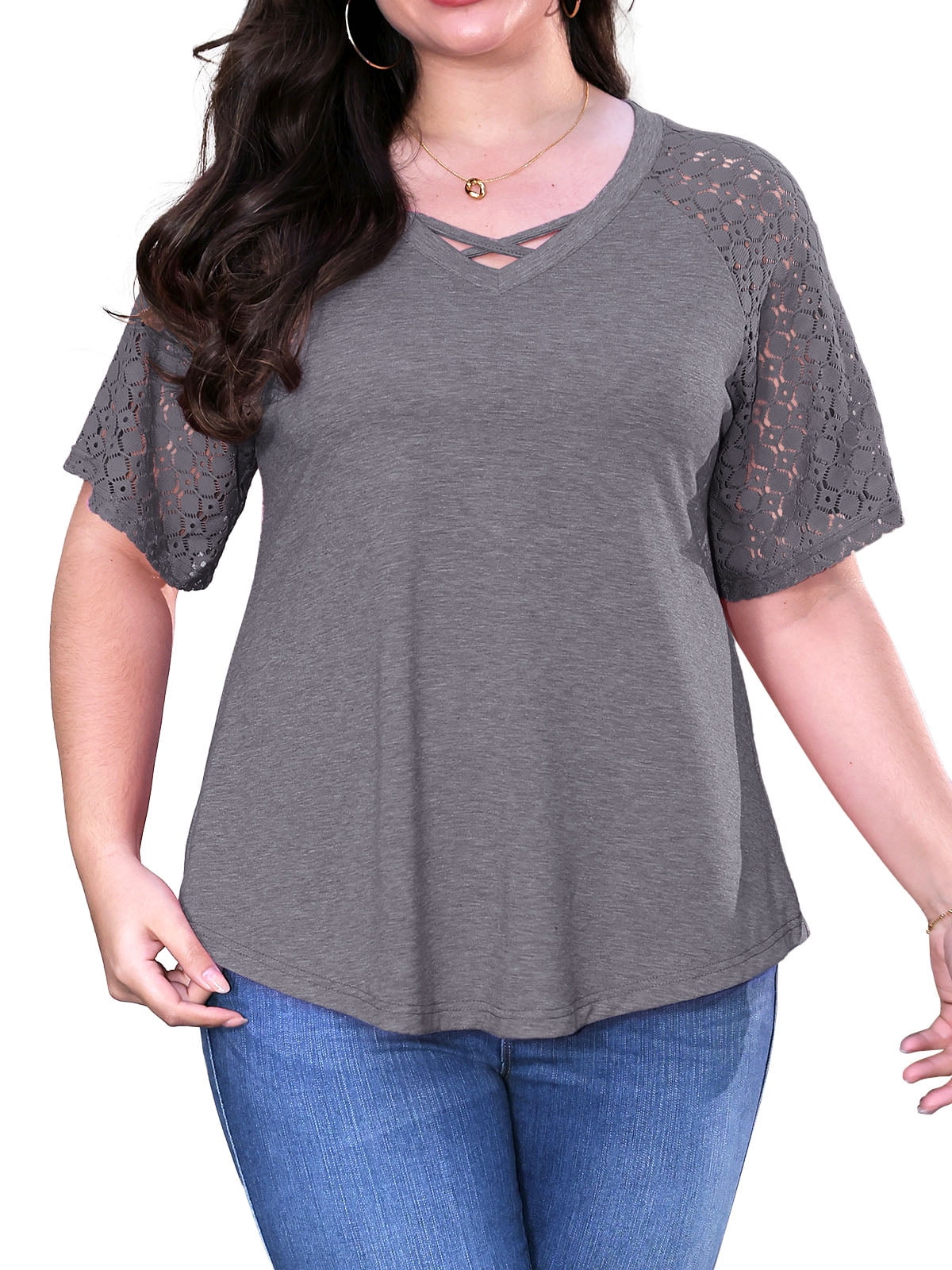 Sewify Women's Plus Size Tops Short Sleeve Lace Jacquard Spliced Loose ...
