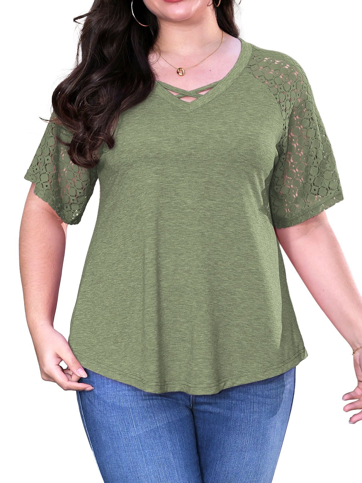 Sewify Women's Plus Size Tops Short Sleeve Lace Jacquard Spliced Loose ...