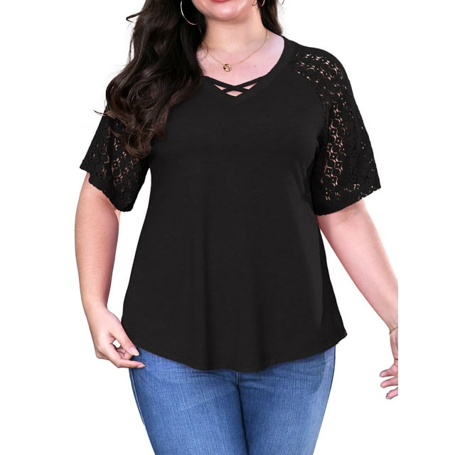 Sewify Women's Plus Size Tops Lace Jacquard Short Sleeves Tunic Shirts Loose Cross Hollow V Neck ...