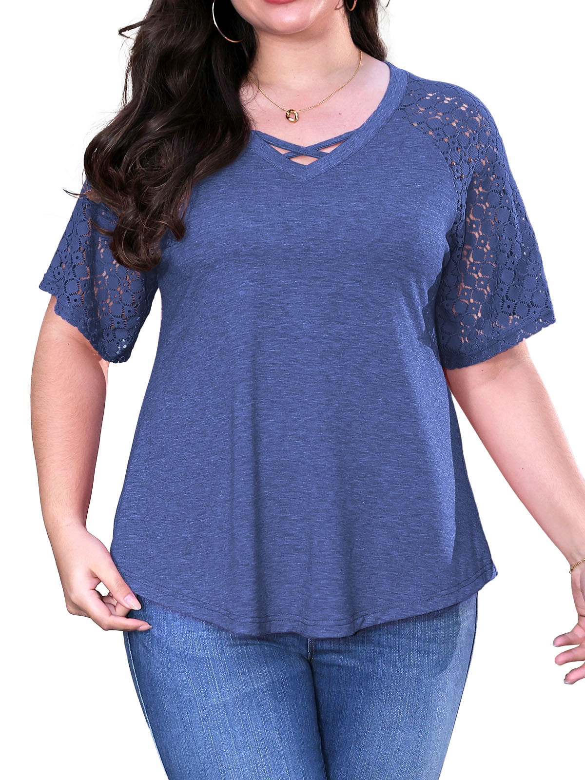 SEWIFY Women's Plus Size Short Sleeve Lace Jacquard Tunic Tops, V Neck ...