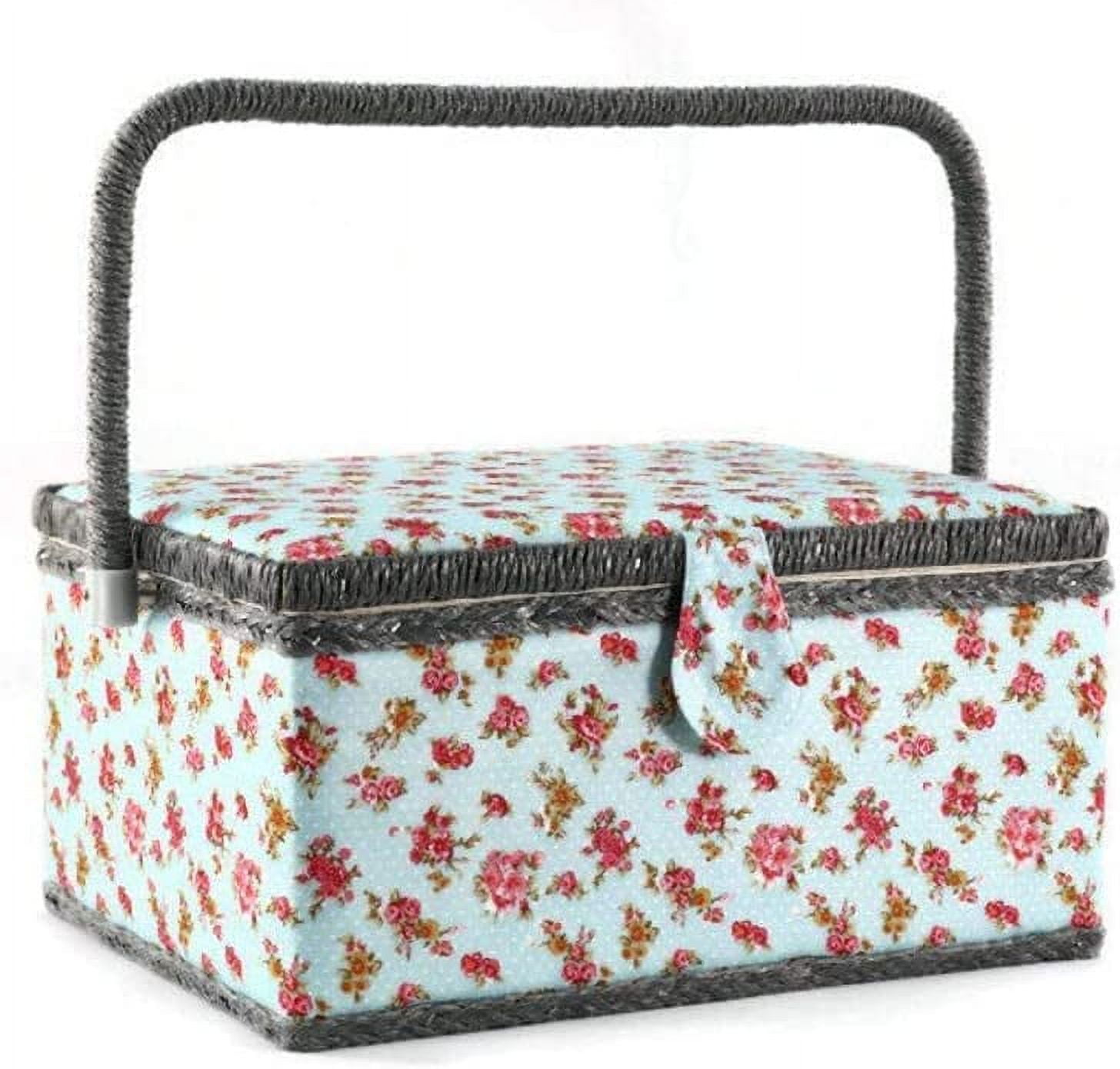 Sewing Basket with Blue Pink Rose Floral Design - Sewing Kit Storage ...