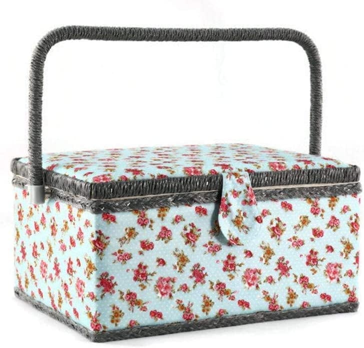 Sewing Basket with Blue-Rose Design - Sewing Kit Storage Box with ...