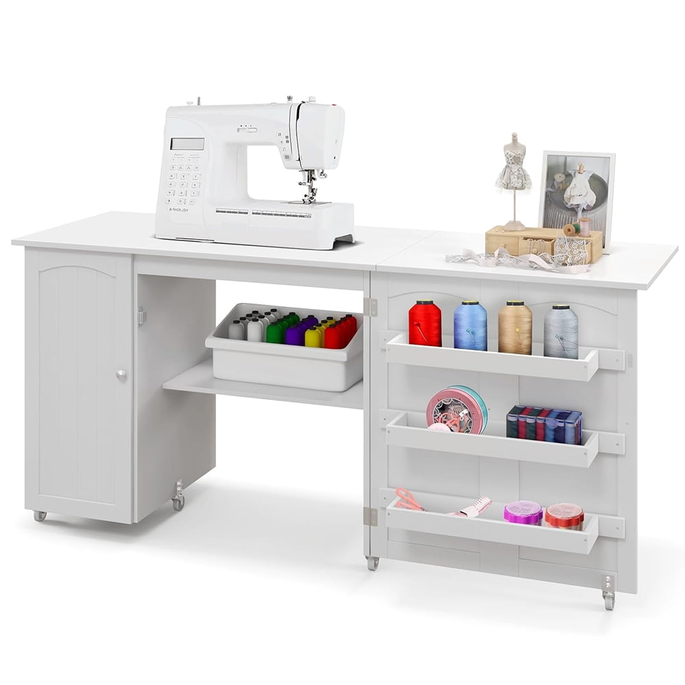 Sewing Craft Table 62.5 Inch Foldable Workstation with Storage Shelves ...