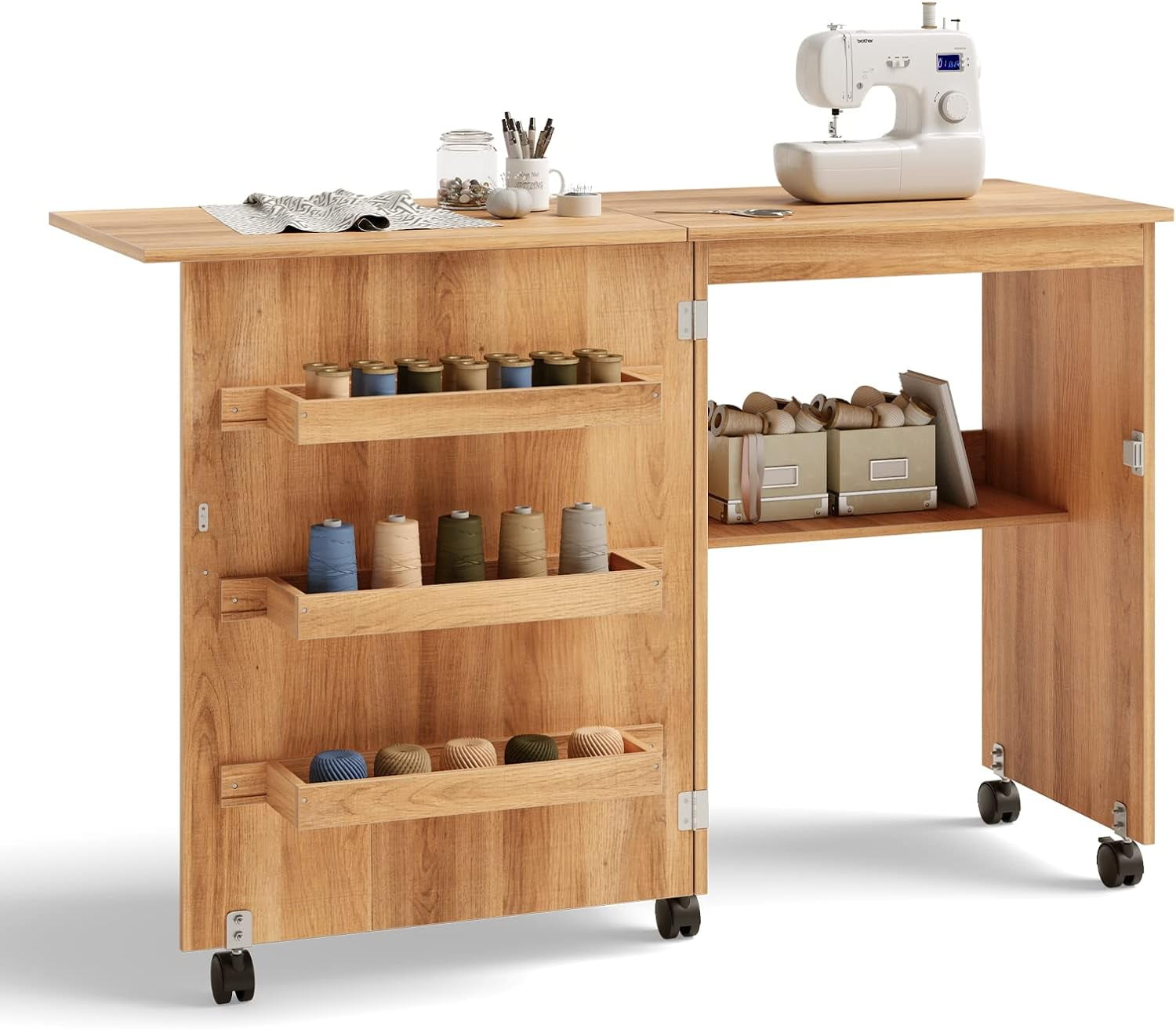 Sewing Craft Table, Sewing Cabinet with 3 Storage Bins and Shelf ...