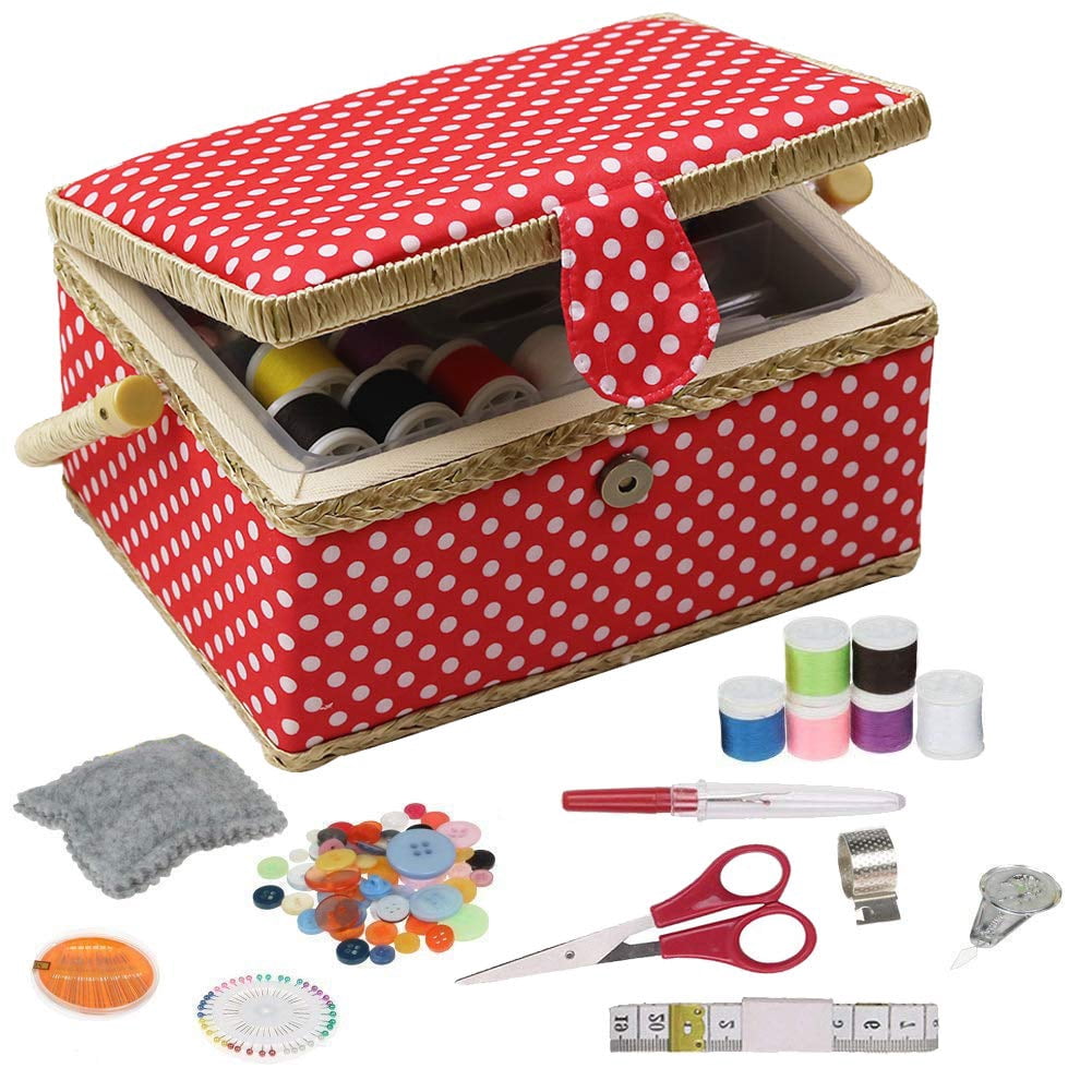 Sewing Kit Basket, Medium Sewing box with Accessories in Red polka dot ...