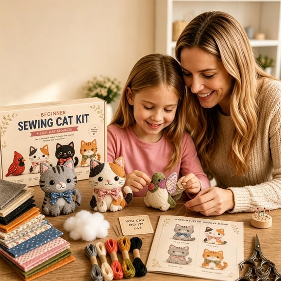 Sewing Kit for Beginners, 4 Cat Projects DIY Felt Sewing Craft with Pre ...