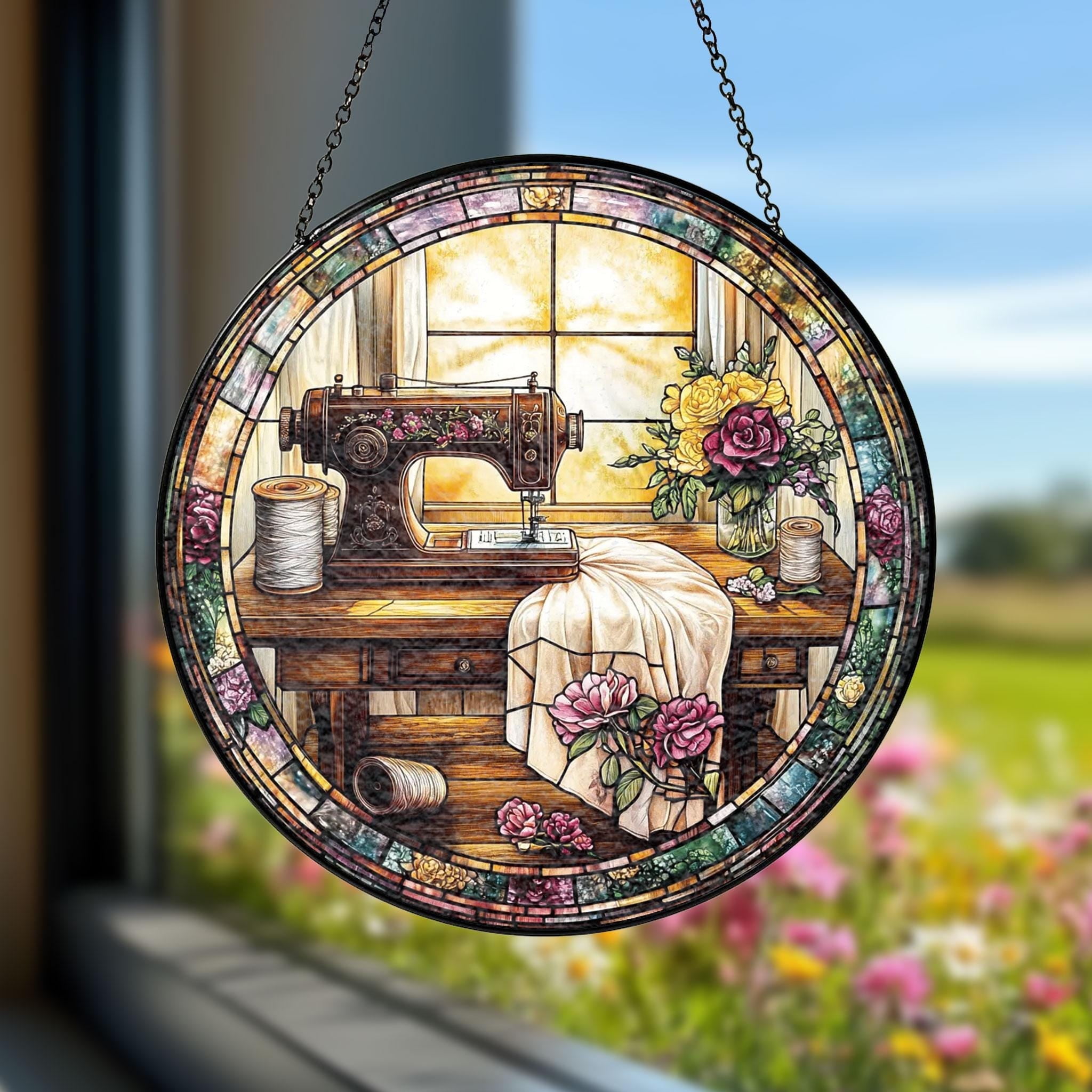Sewing Machine Stained Glass Suncatcher – Quilter Window Hanging ...