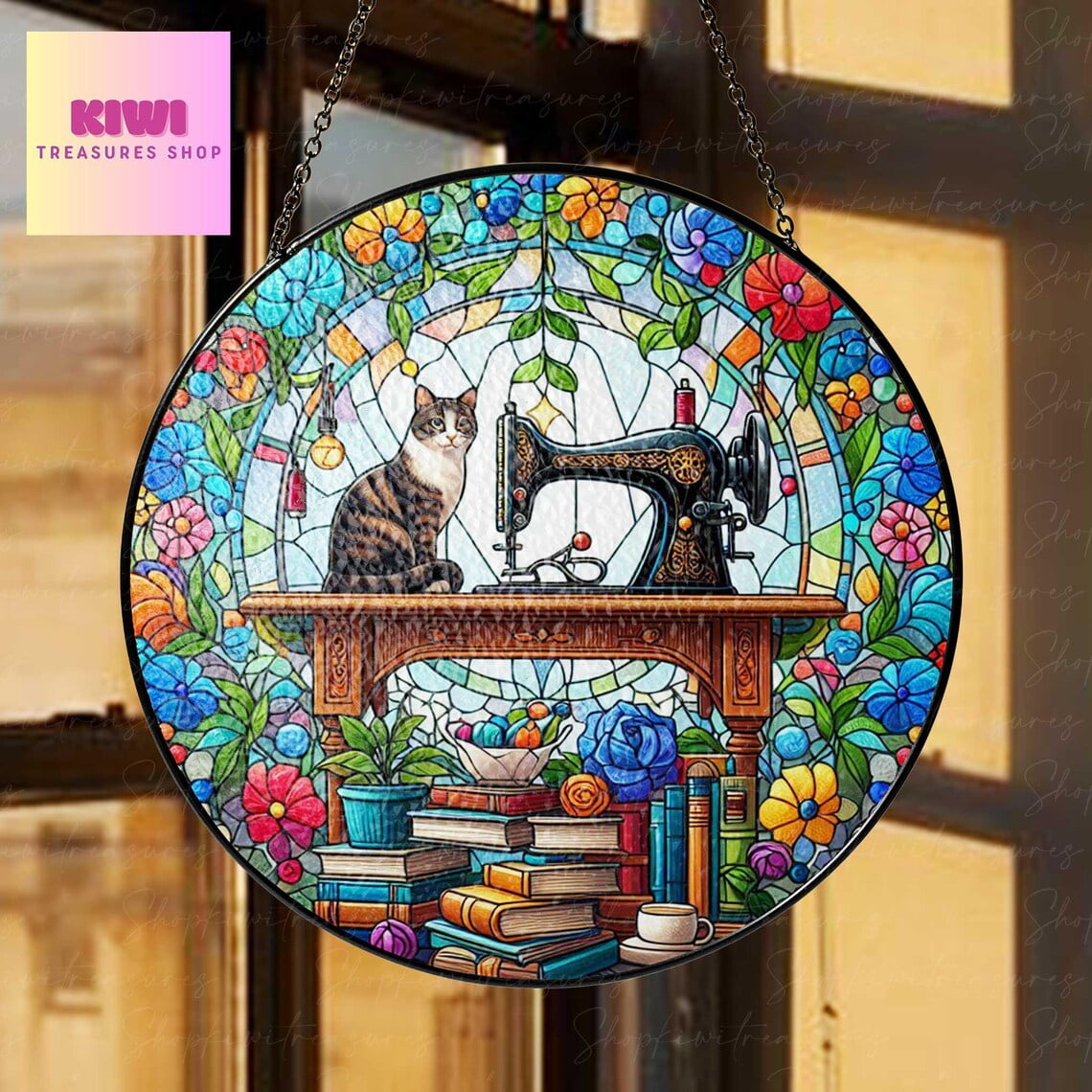 Sewing Machine and Tabby Cat GLASS Suncatcher Hanging, Sewing ...