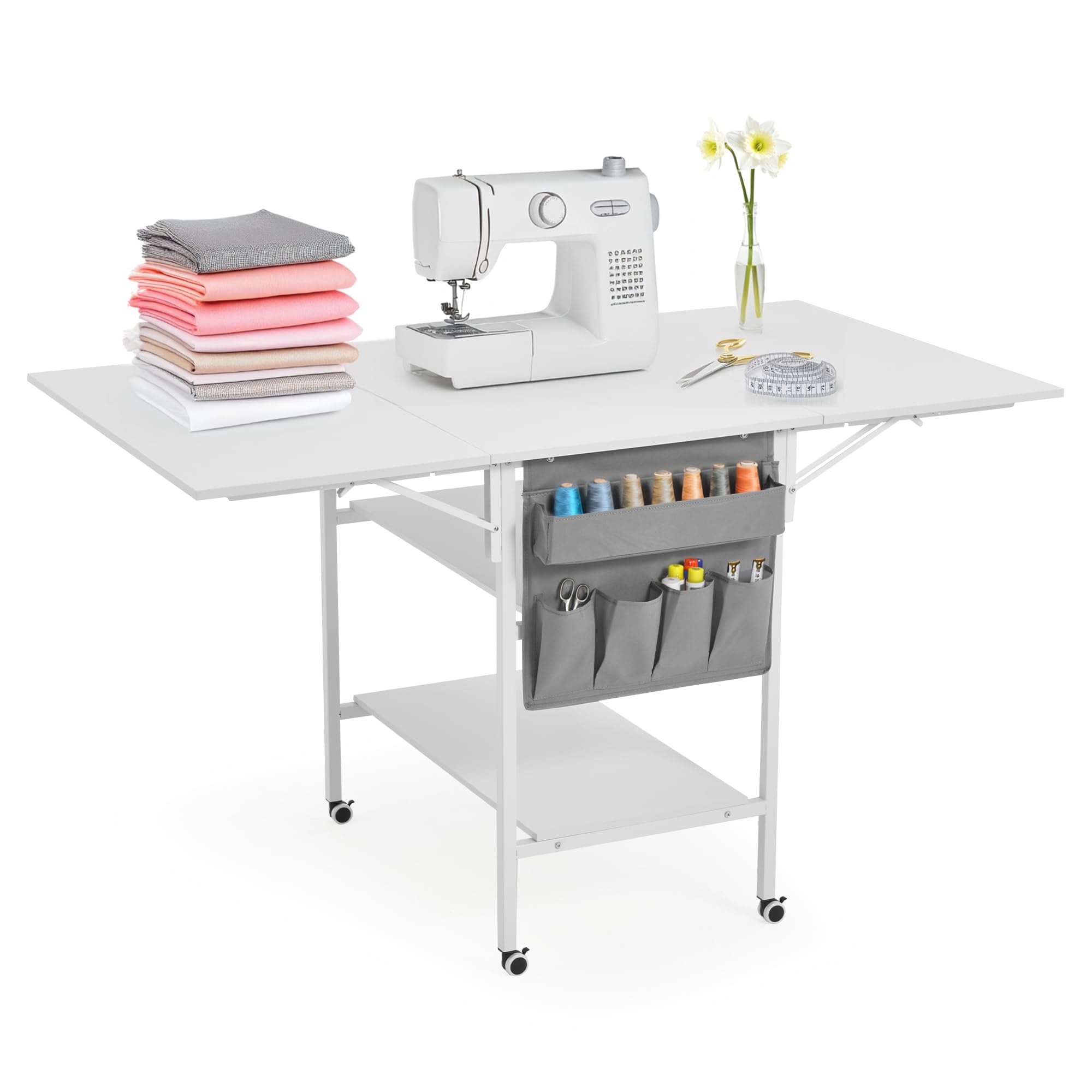 Sewing Table with Storage Shelves and Fabric Bag, Mobile Folding ...