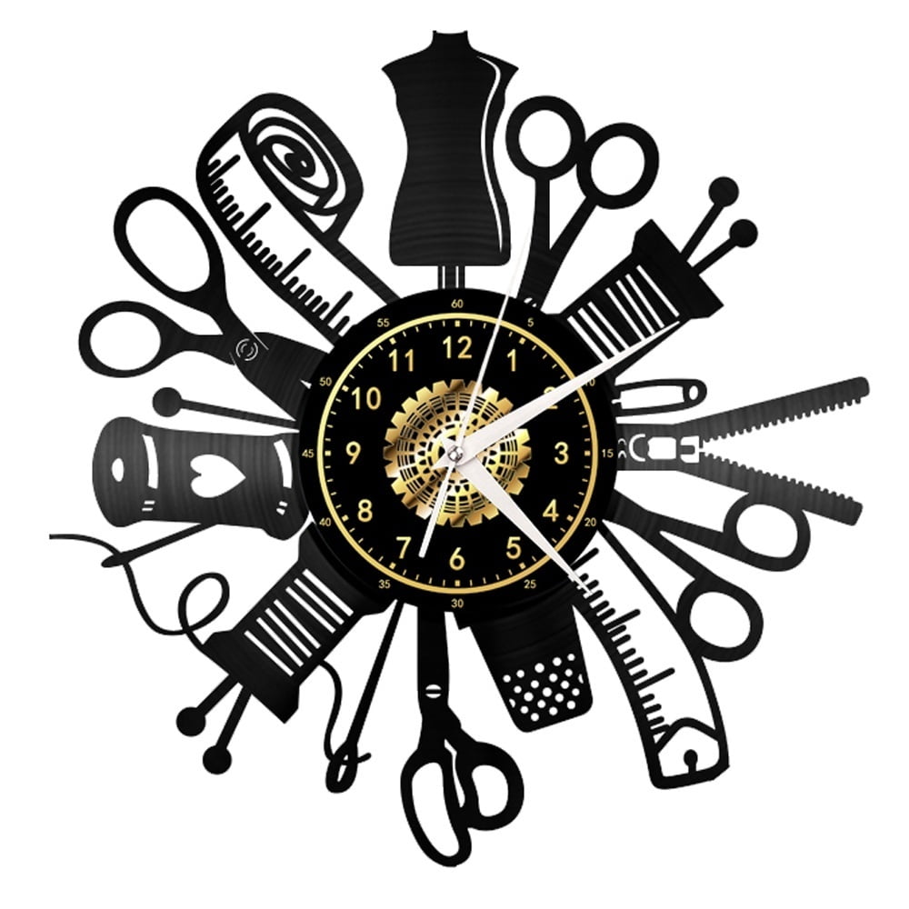 Sewing Vinyl Record Wall Clock Gifts,Handmade 12”Black Wall Clock ...