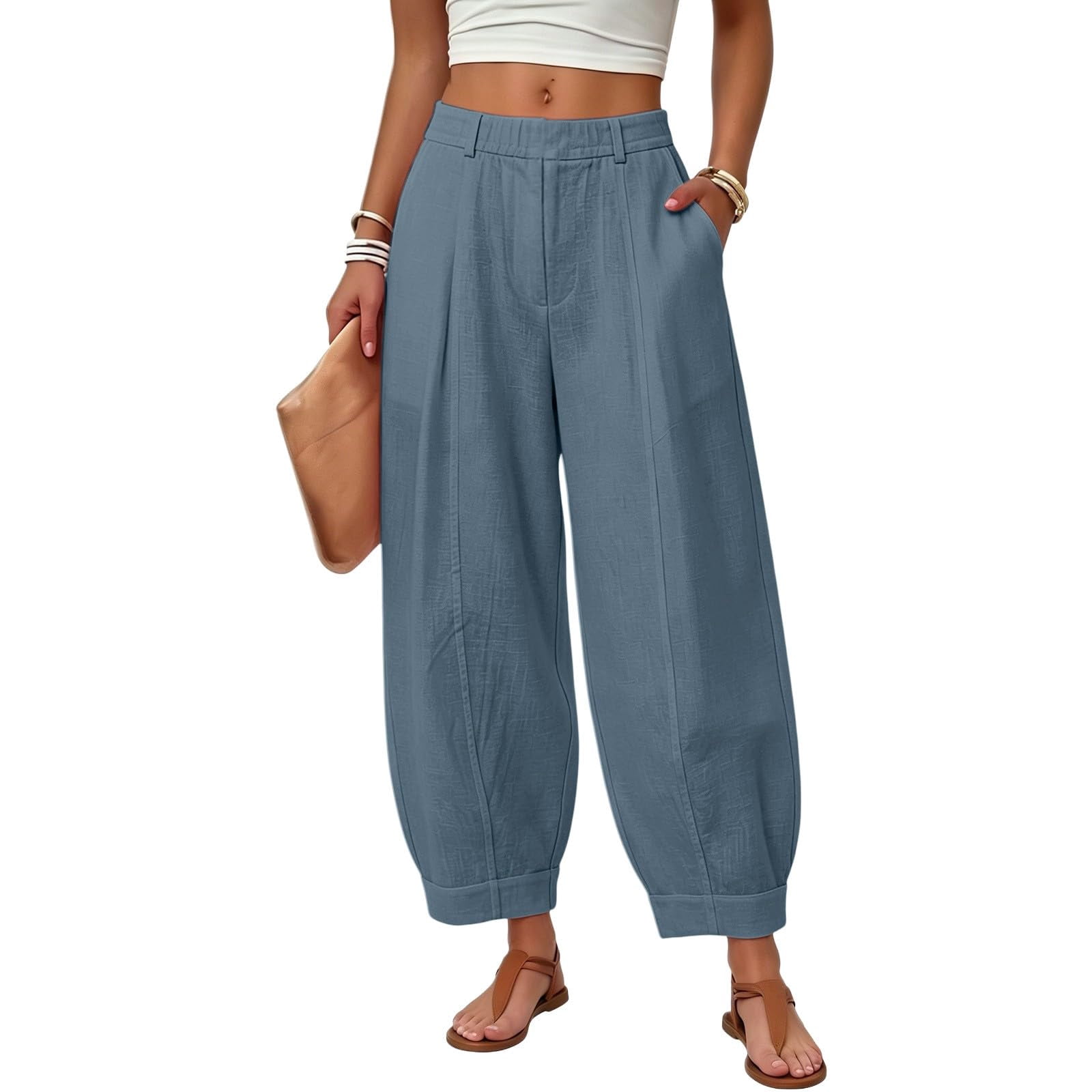 Sewkxo Linen Barrel Pants Women Cotton Palazzo High Waisted Balloon ...
