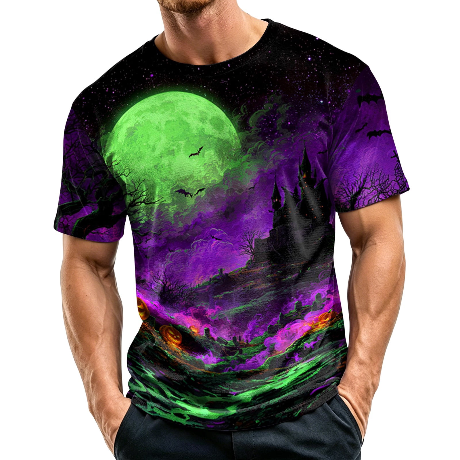 Sewkxo Mens Minimal Pumpkin Face Short Sleeve Halloween Tee Crew Neck ...