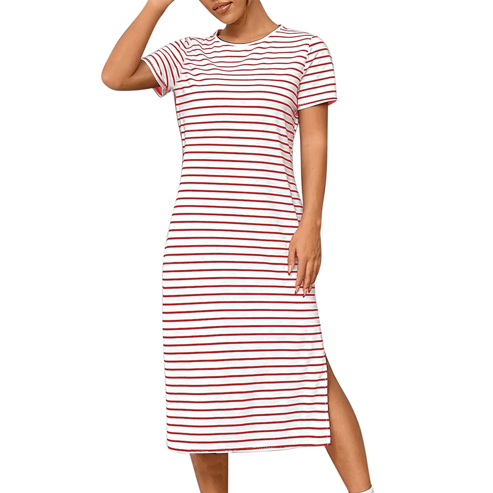 Sexlip Womens Dress Striped Pattern Short Sleeve Side Split Soft Fabric ...