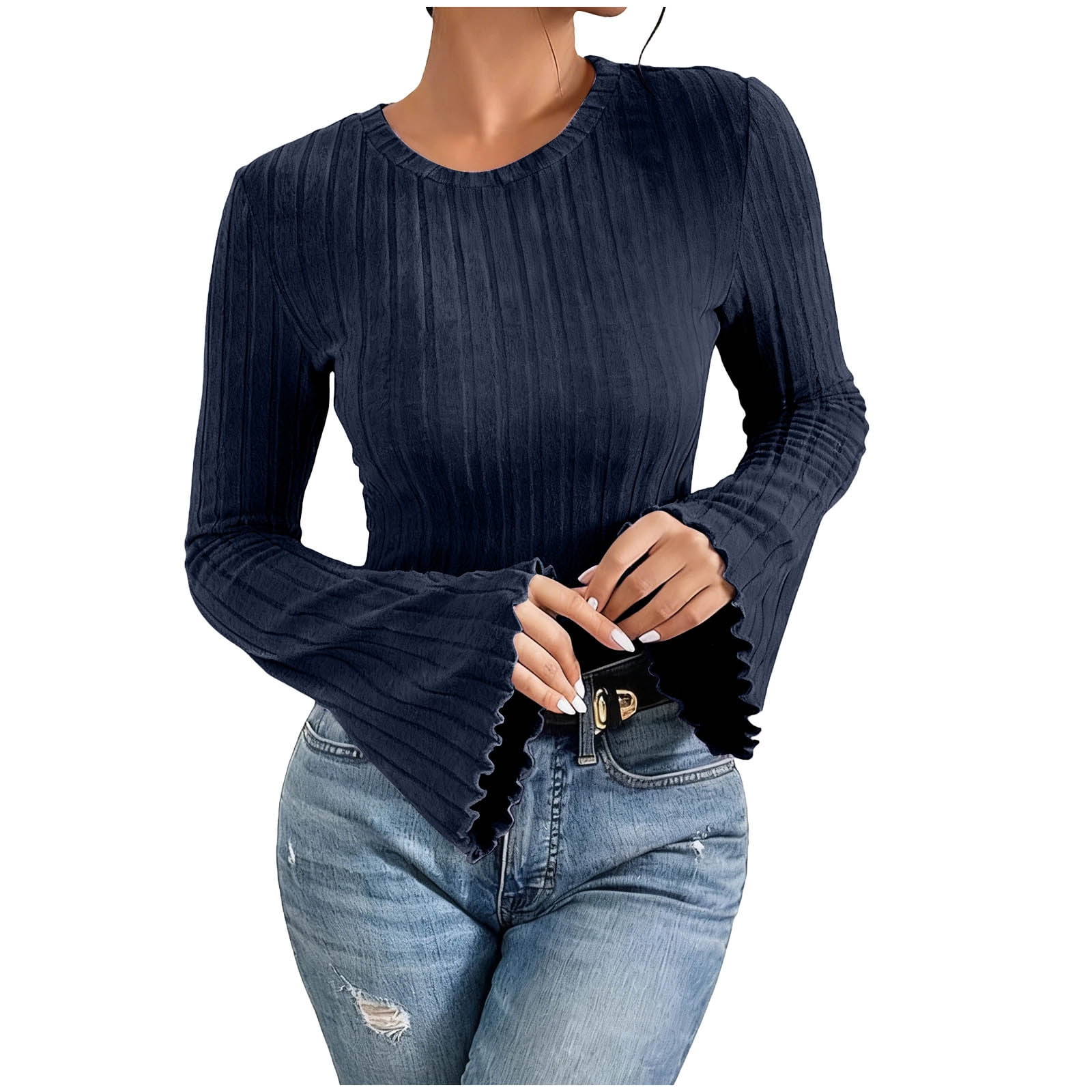 Sexlip Womens Knit Blouse Long Sleeve Flared Cuff Design Soft Fabric ...