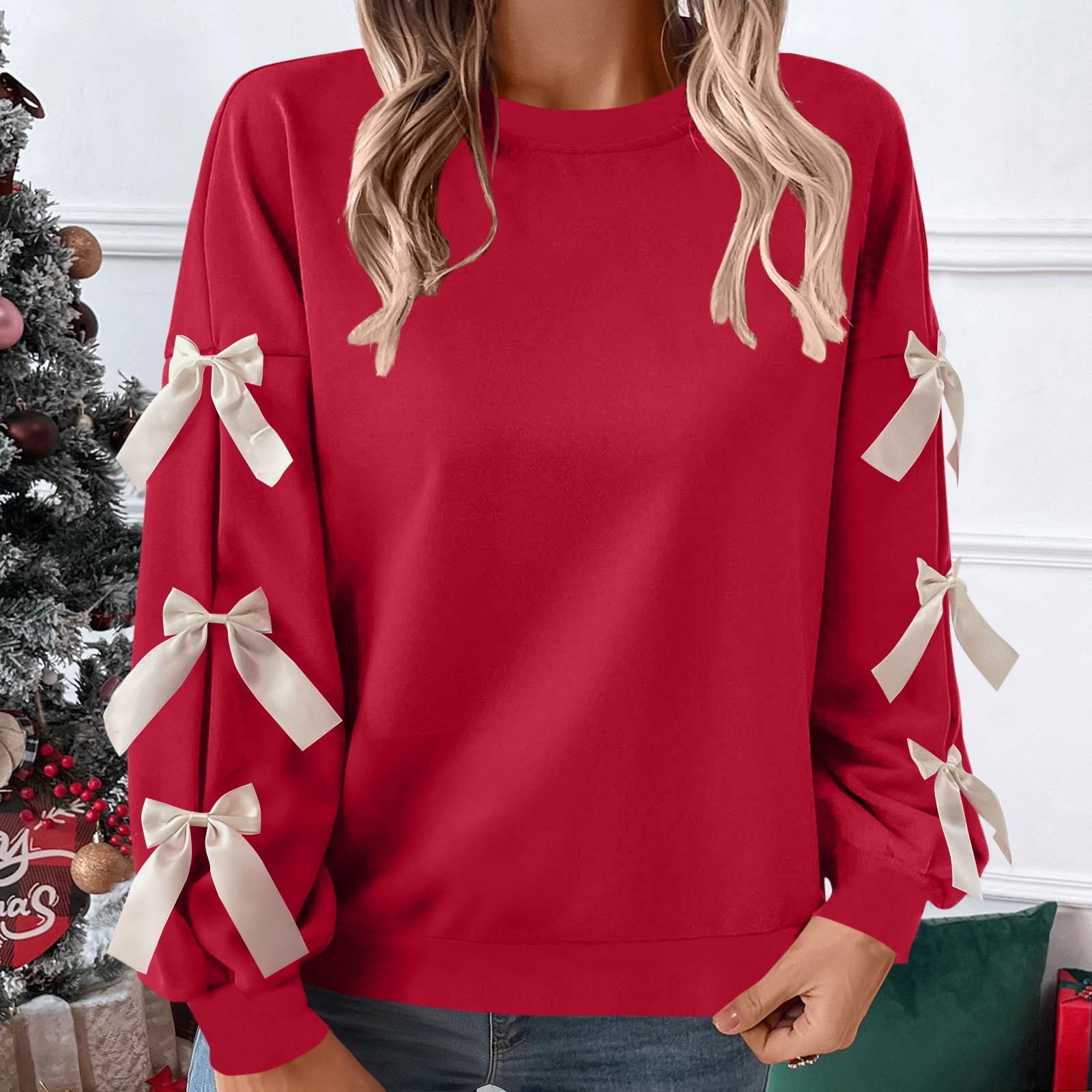 Sexlip Womens Long Sleeve Blouse Bow Detail Design Soft Fabric Relaxed ...