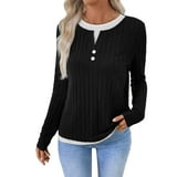 Sexlip Womens Round Neck Button Sanding Pit Strip Solid Color Spliced ...