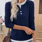 Sexlip Womens Round Neck Button Sanding Pit Strip Solid Color Spliced ...