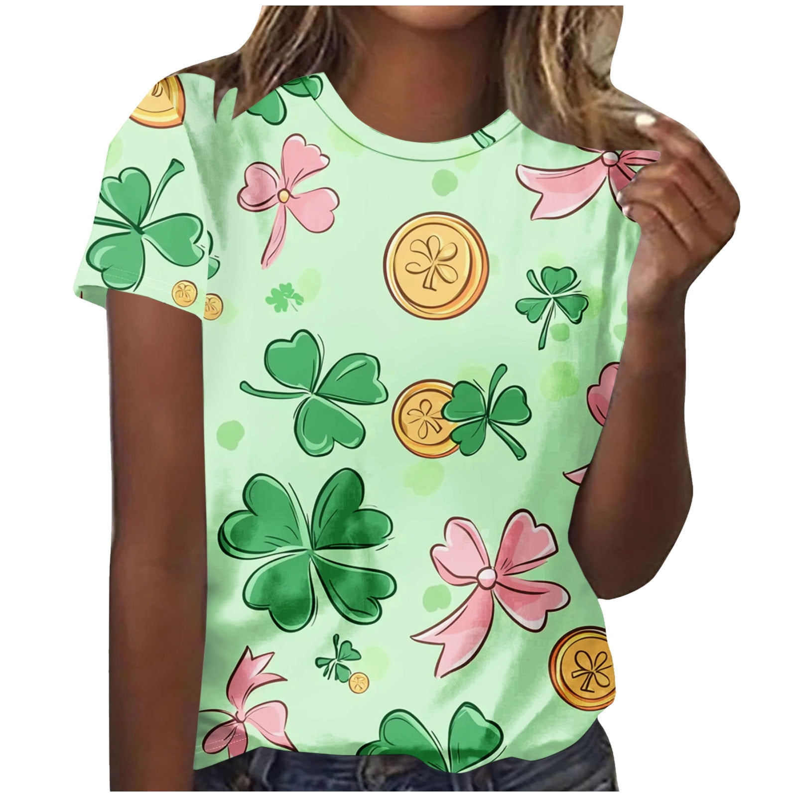 Sexlip Womens Short Sleeve Blouse Clover Coin Pink Accent Print Crew ...