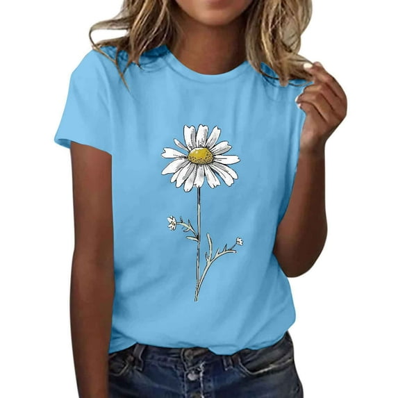 Sexlip Womens Short Sleeve Blouse Daisy With Branches Print Crew Neck ...