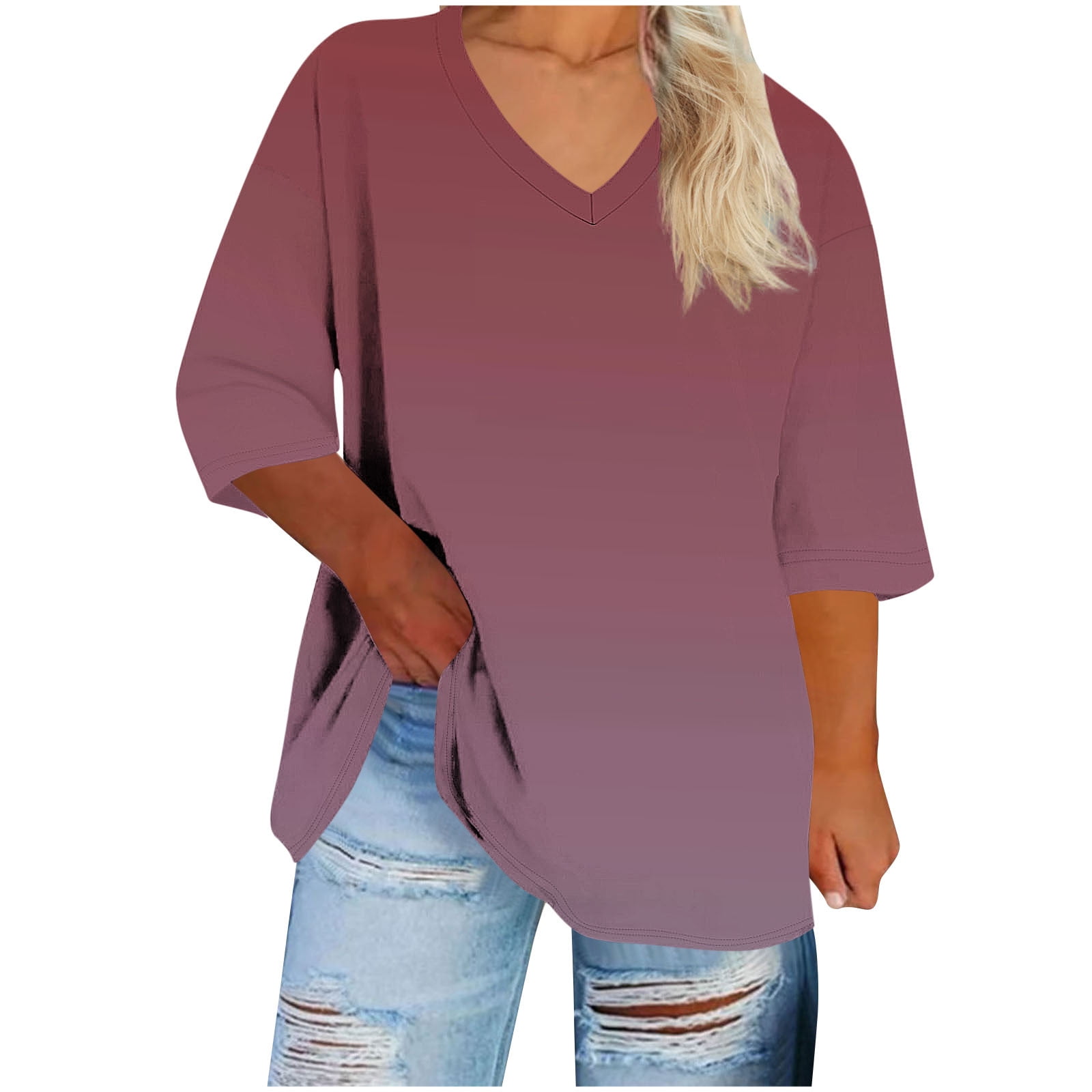 Sexlip Womens V Neck Blouse 3/4 Sleeve Split Hem Design Soft Fabric ...