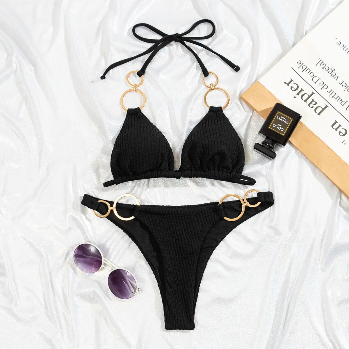 Sexy Bikini Swimsuit Women Ring Linked Halter Bikini Set Swimwear High ...
