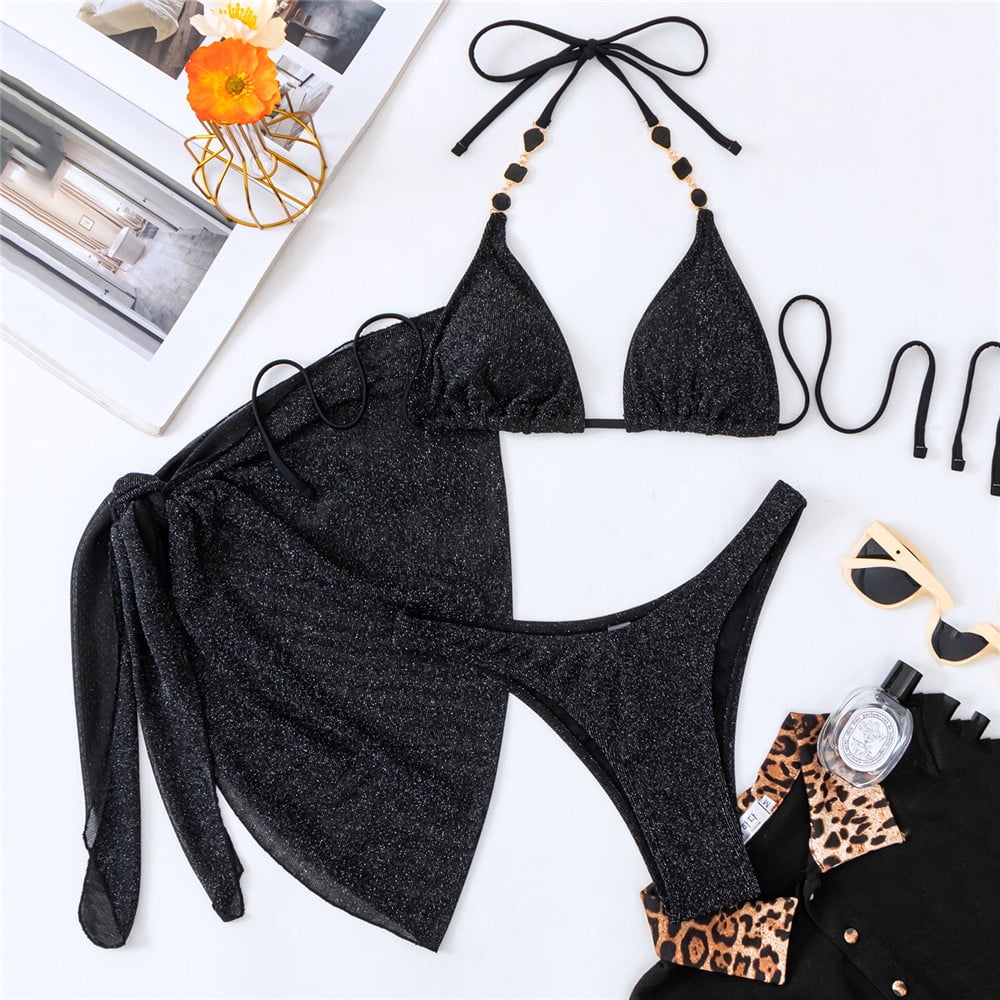 Sexy Black Shiny Swimwear with Sarong String Halter Triangle Bikinis ...