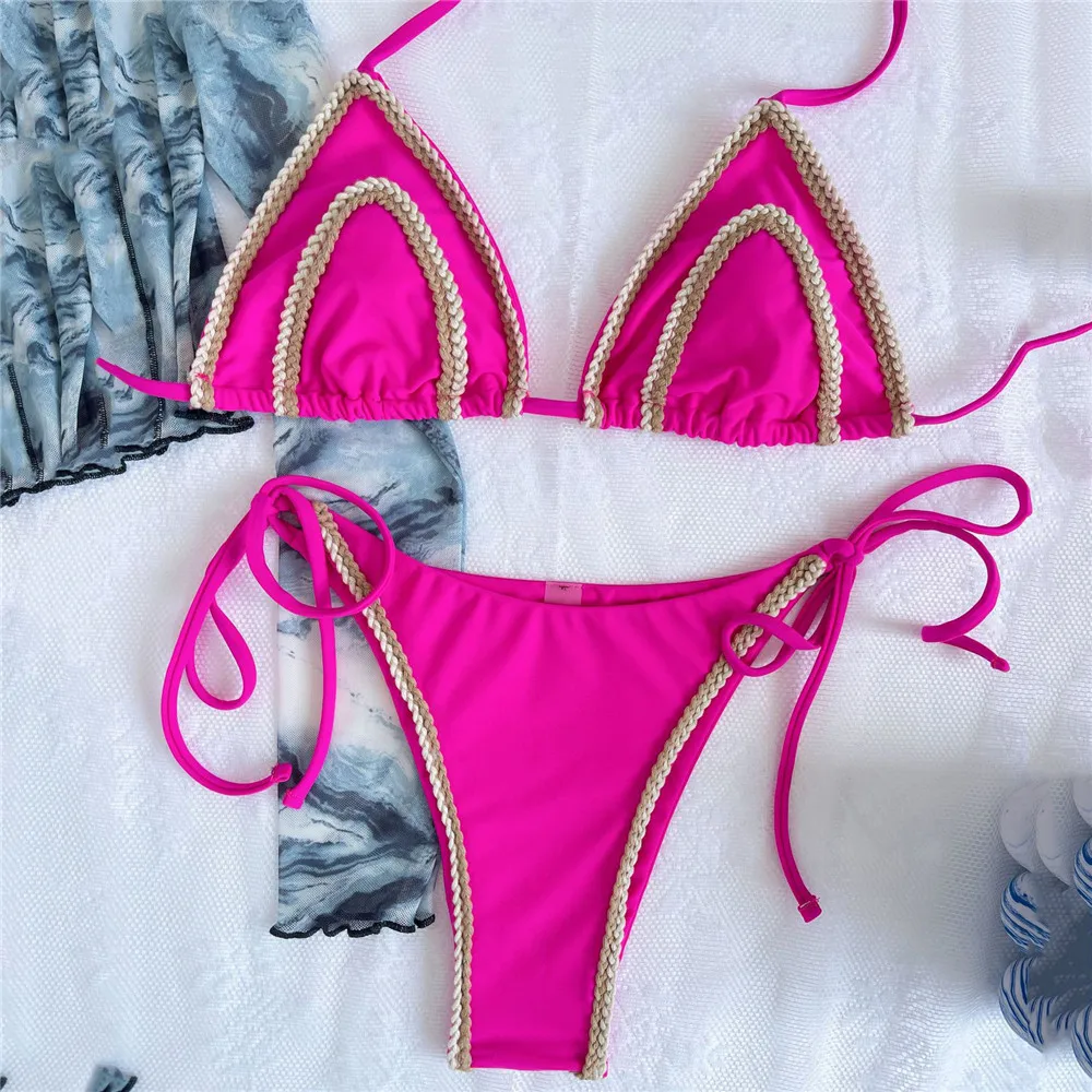 Sexy Braiding Triangle Hater Swimwear Micro Thong Bikinis Set String Swimsuit Women Bathing