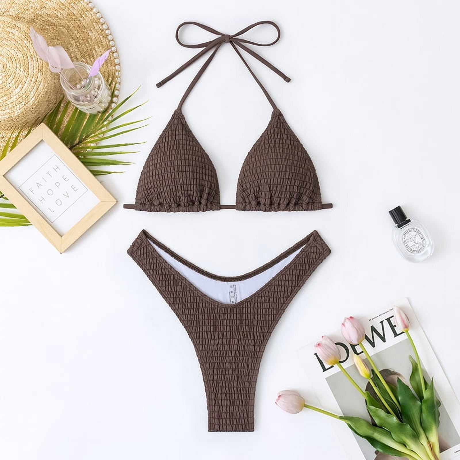 Sexy Brown Ruched Swimwear Triangle Halter String Bikinis Set Women ...