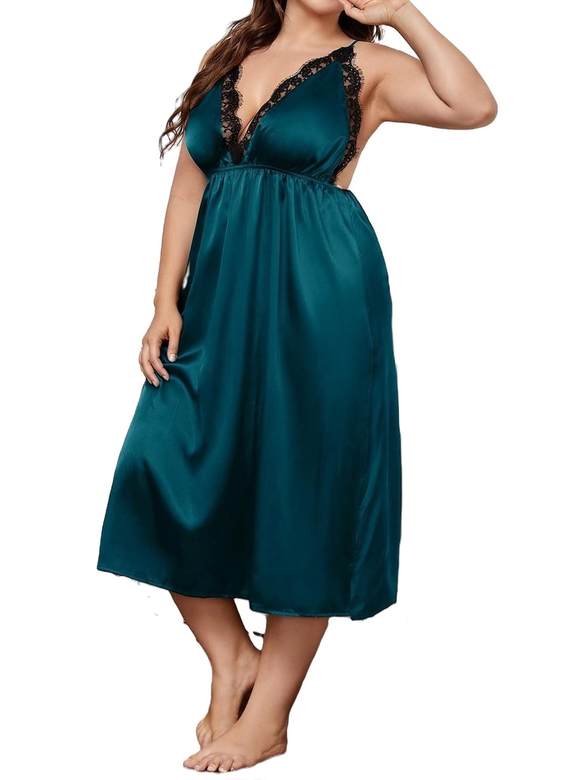 Sexy Colorblock Cami Strap Slip Dress Sleeveless Teal Blue Plus Size Nightgowns And Sleepshirts