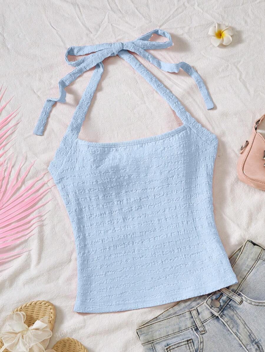 Sexy Cropped Halter Camisole Top With Ribbon Tie And Textured Fabric ...