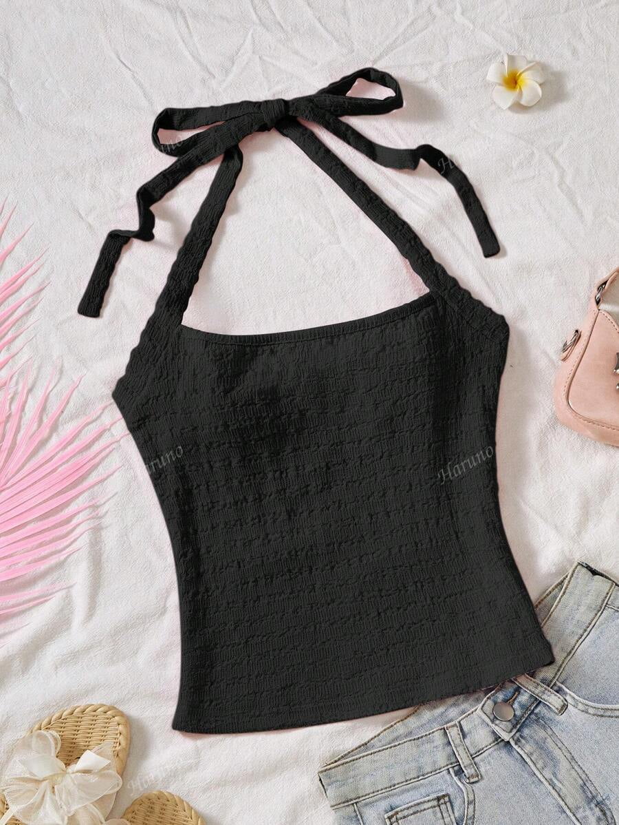 Sexy Cropped Halter Camisole Top With Ribbon Tie And Textured Fabric ...