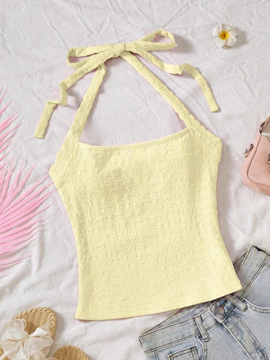Sexy Cropped Halter Camisole Top With Ribbon Tie And Textured Fabric ...