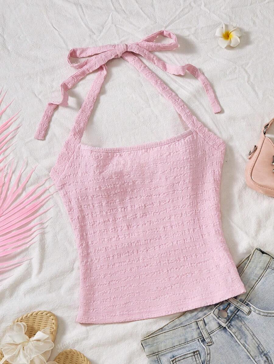 Sexy Cropped Halter Camisole Top With Ribbon Tie And Textured Fabric ...
