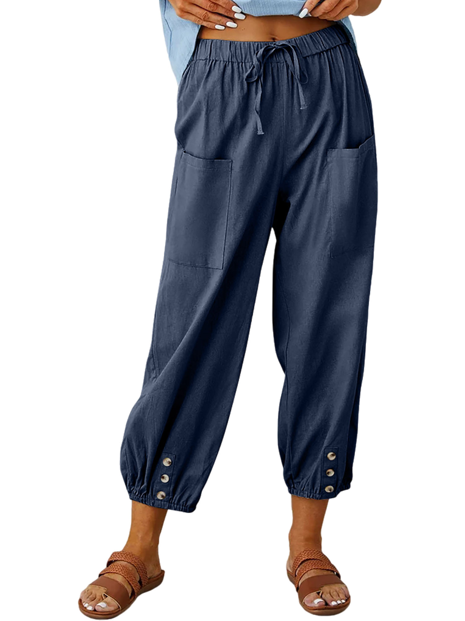 Dyegold Linen Pants For Women Wide Leg Cropped Capri Pants Summer ...