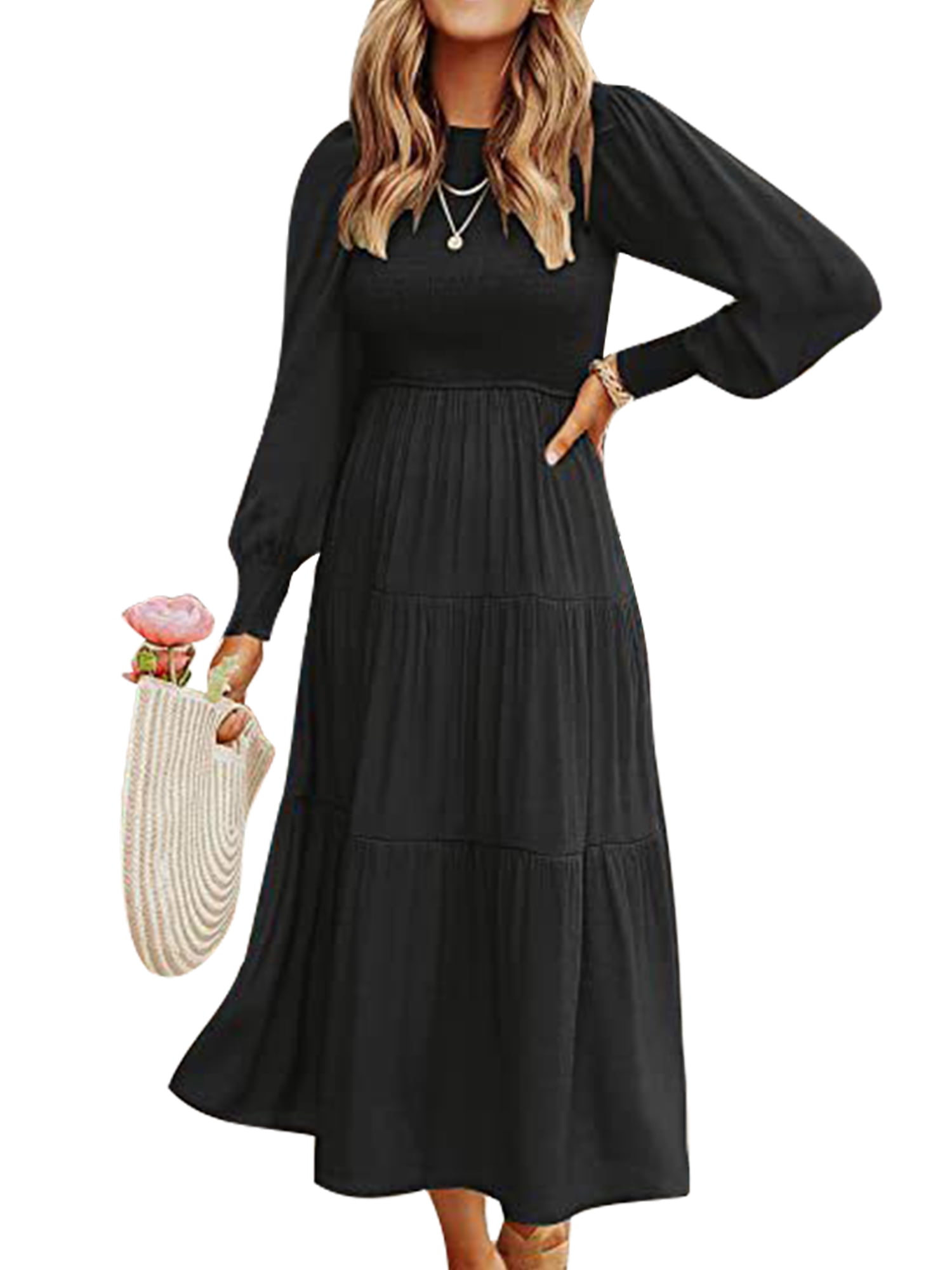 Sexy Dance Ladies Casual A Line Dress Long Sleeve Round Neck Long ...