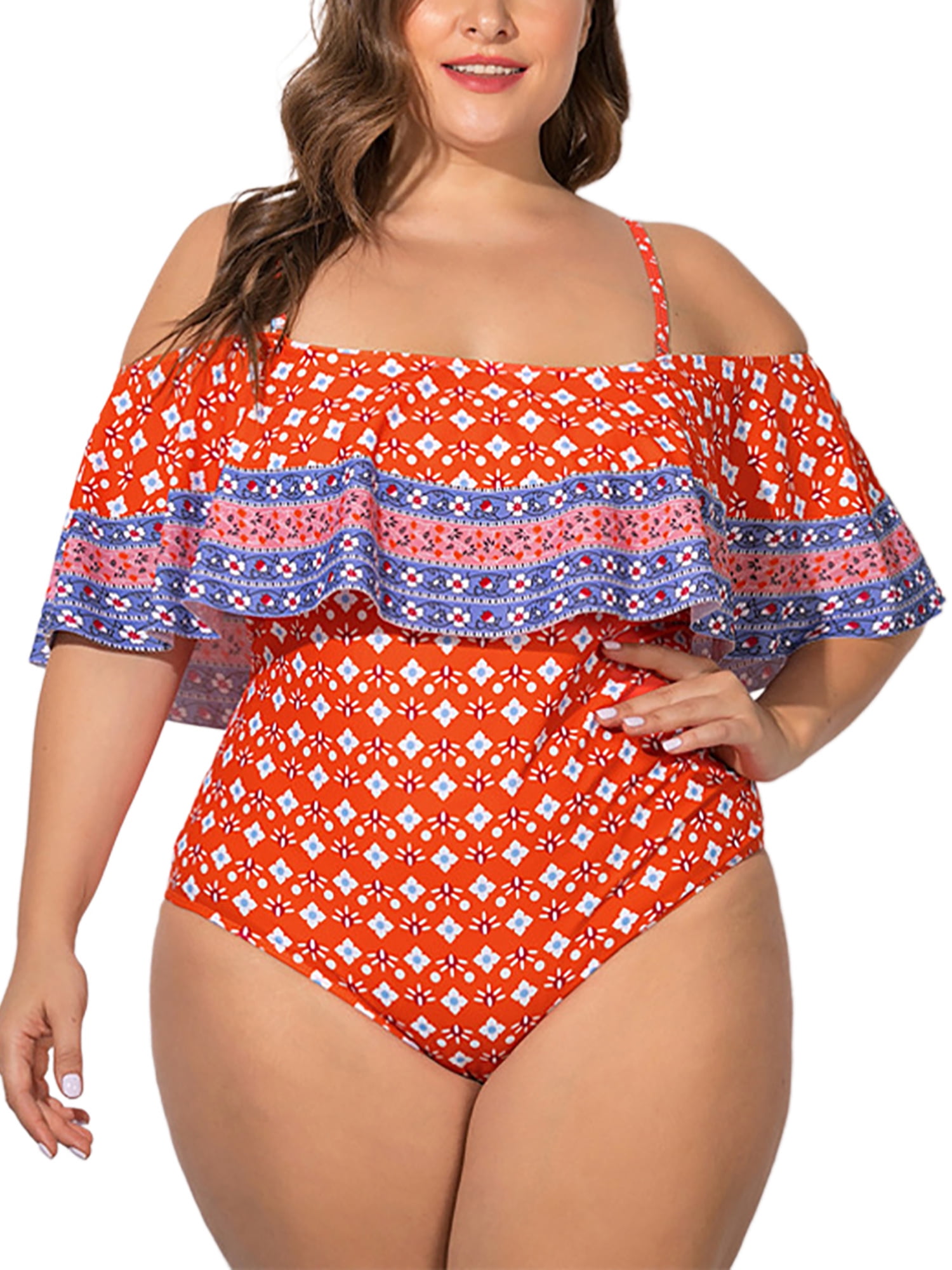 Sexy Dance Plus Size Ruffle Swimsuit For Women Ladies One Piece Swimwear Tummy Control Monokini