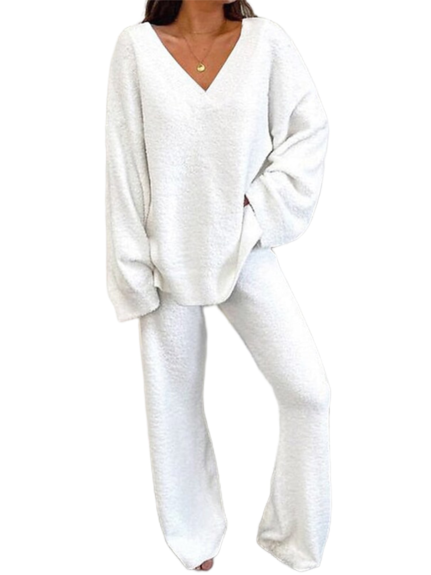 Capreze Women's Polar Fleece Sleepwear Set, Long Sleeve V Neck Lounge ...