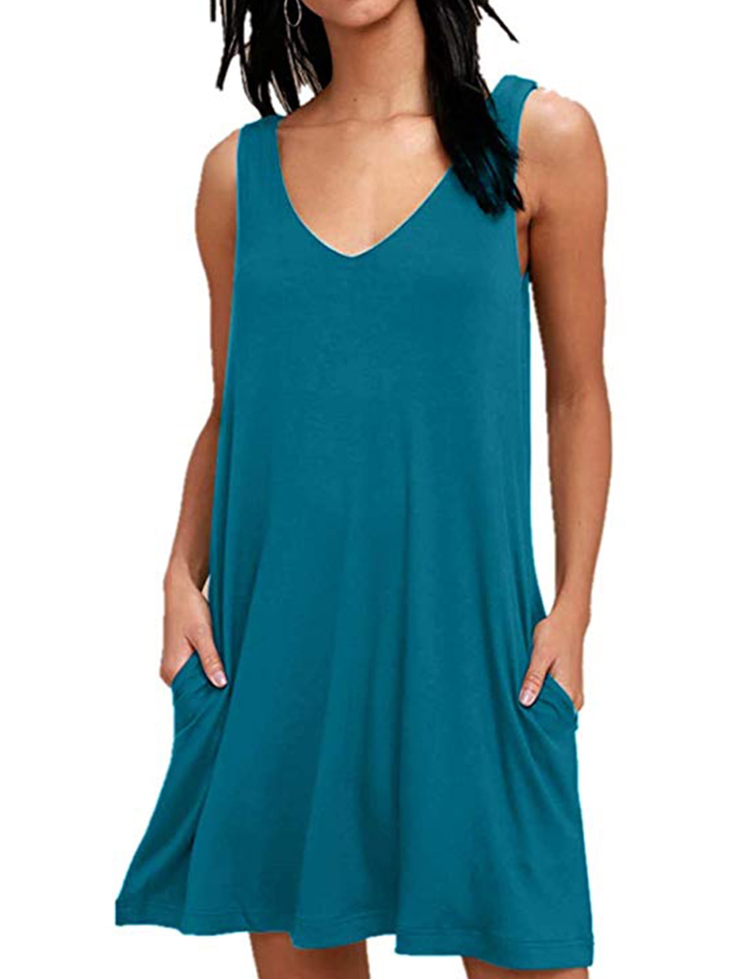 Sexy Dance Sleeveless Plain Pocket Tank Dress for Women Casual Loose V ...