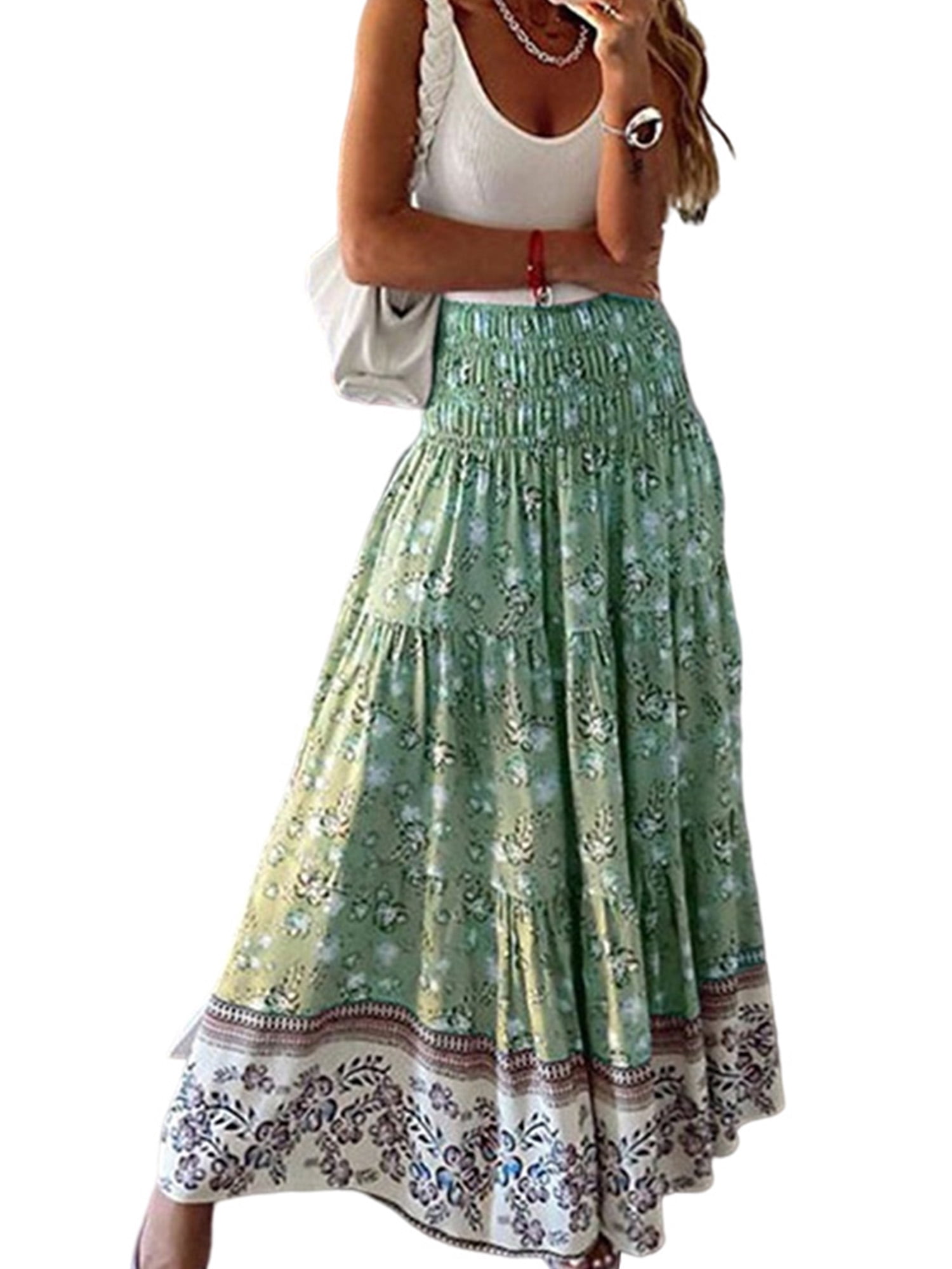 Wrcnote Summer Long Skirt for Women Floral Print Boho Beach Ladies ...