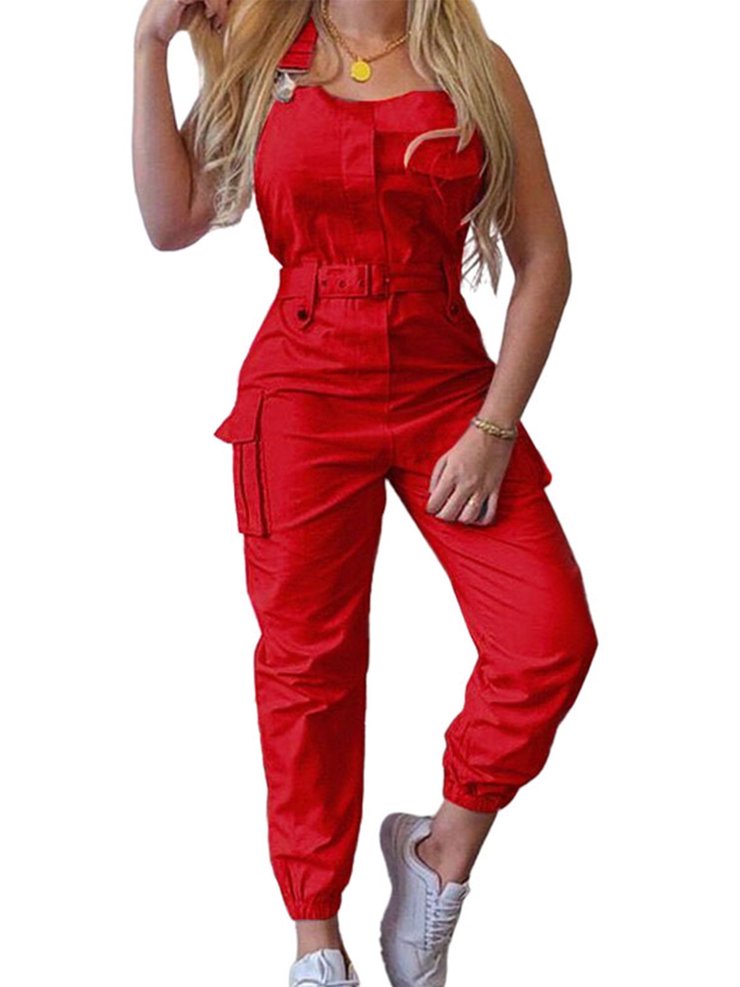 Sexy Dance Women Cargo Jumpsuit Sleeveless Beam Foot Multi Pocket Bib ...