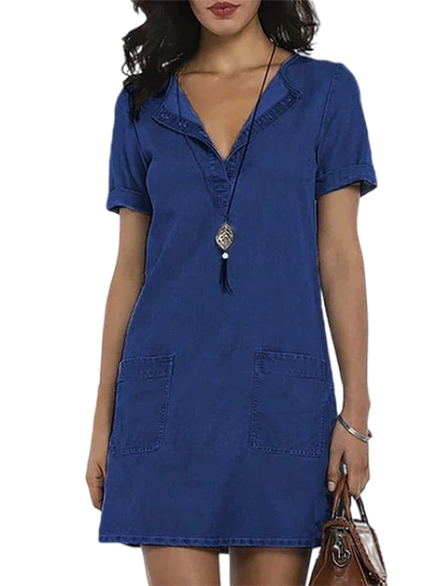 Dance Women's Cotton Sundress: Short Sleeve Denim Shirt Dress with V ...