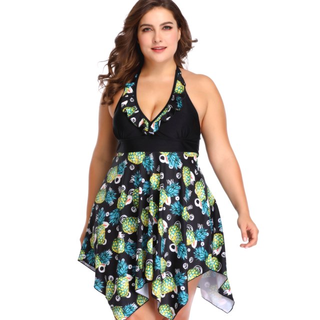 Sexy Dance Women Plus Size Swim Dress Tummy Control Swimsuit Ruffles ...